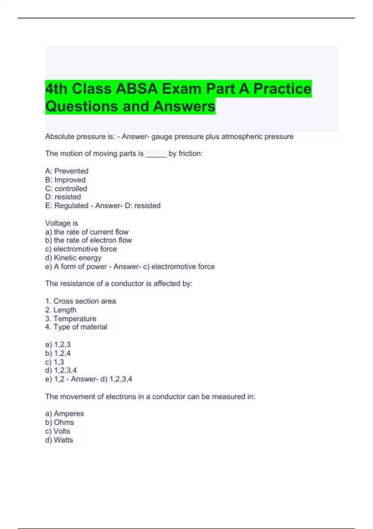 4th Class ABSA Exam Part A Practice Questions and Answers 2024- Graded ...