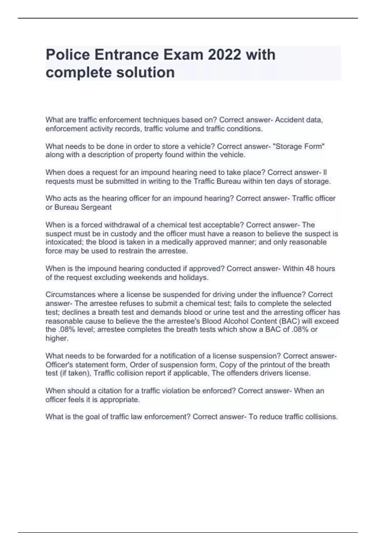 Police Entrance Exam 2024 with complete solution;actual questions and ...