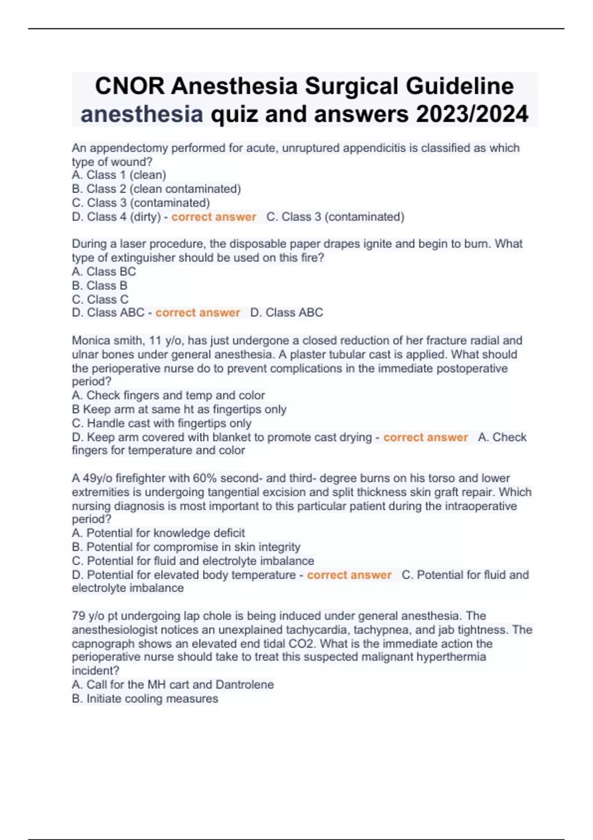 CNOR Anesthesia Surgical Guideline anesthesia quiz and answers 2023/ ...
