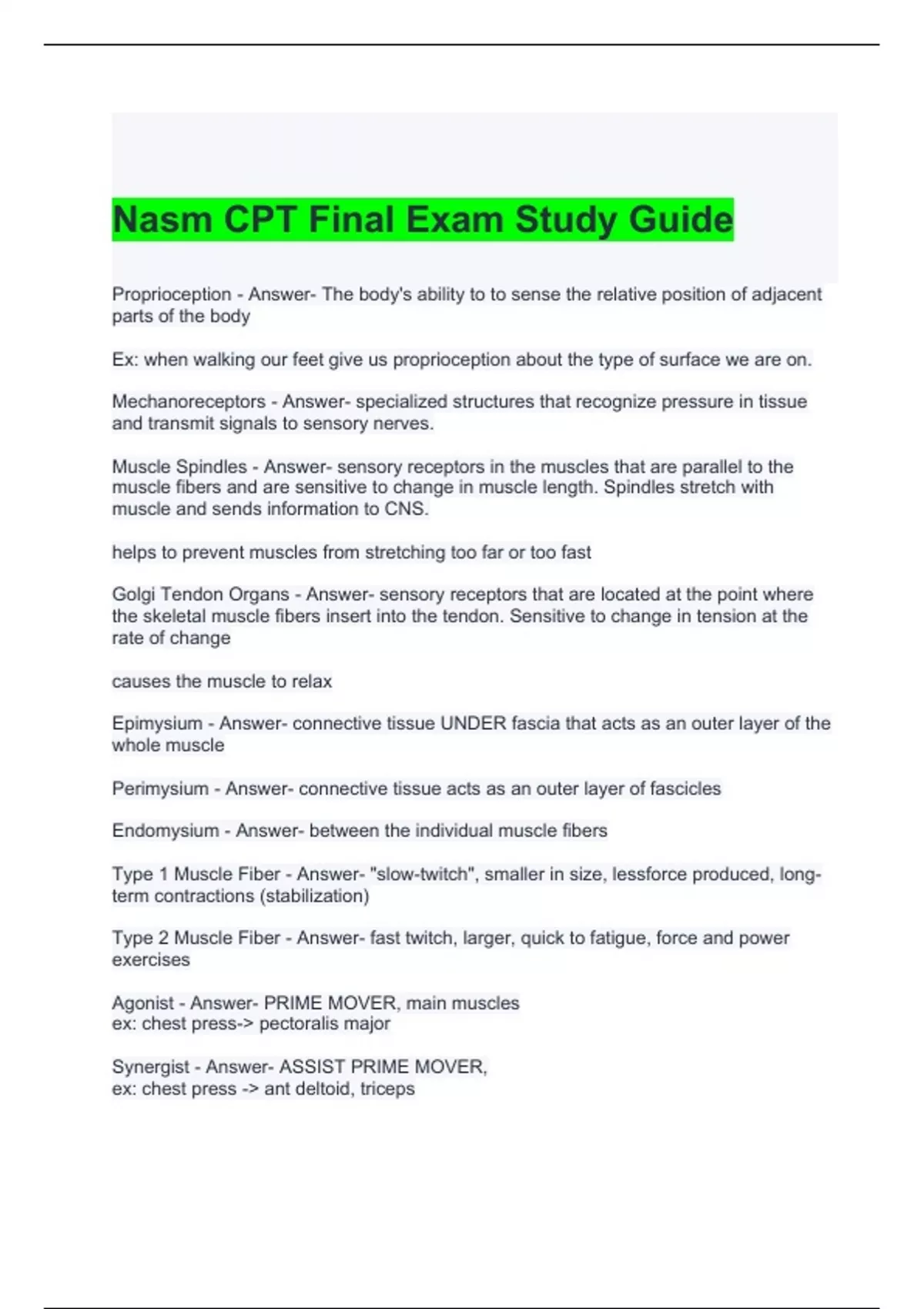 Nasm CPT Final Exam Study Guide 2024 - NASM CPT - Stuvia US