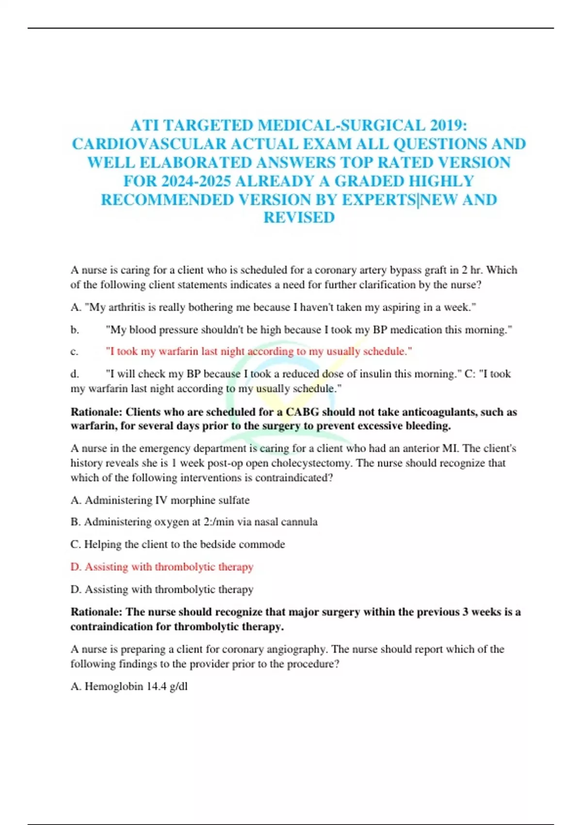 ATI TARGETED MEDICAL-SURGICAL 2019: CARDIOVASCULAR ACTUAL EXAM ALL ...