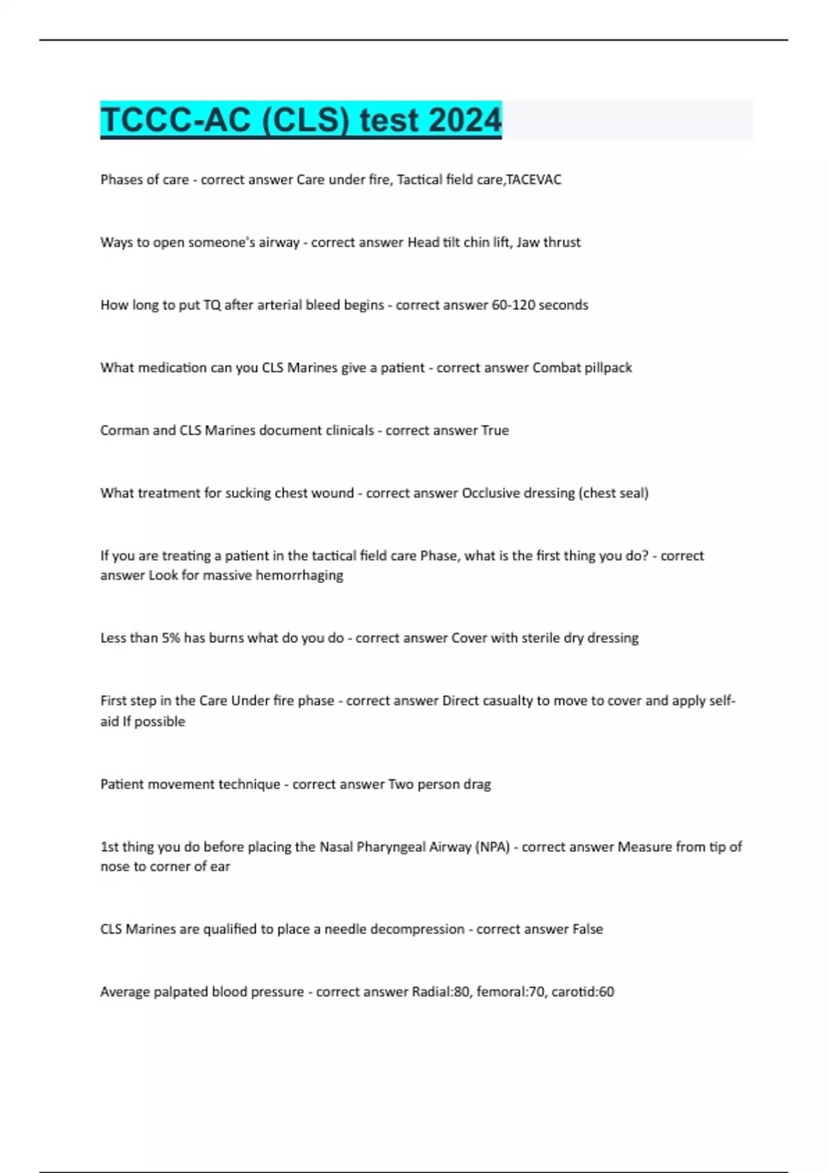 TCCC-AC (CLS) test 2024 Verified answers latest update - TCCC-CLS ...