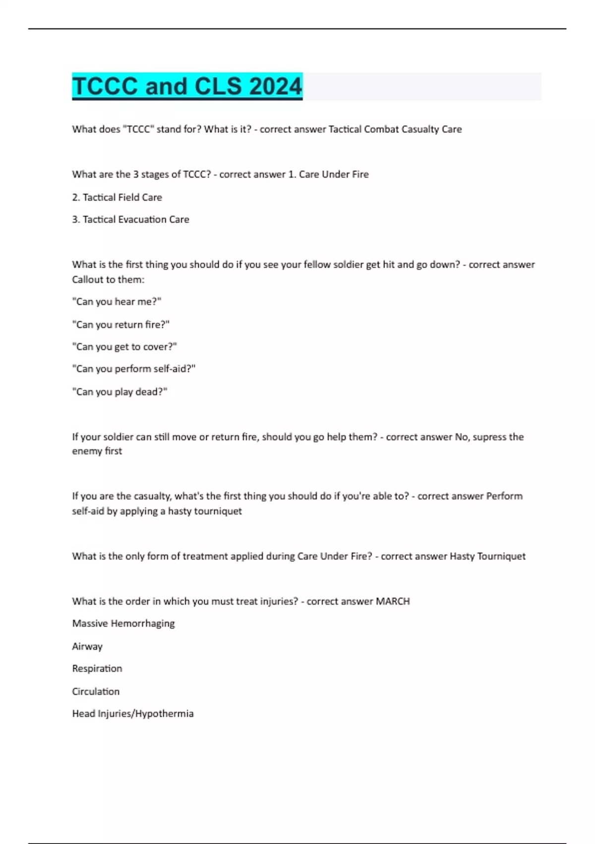 TCCC and CLS 2024 Verified answers latest update - TCCC-CLS - Stuvia US