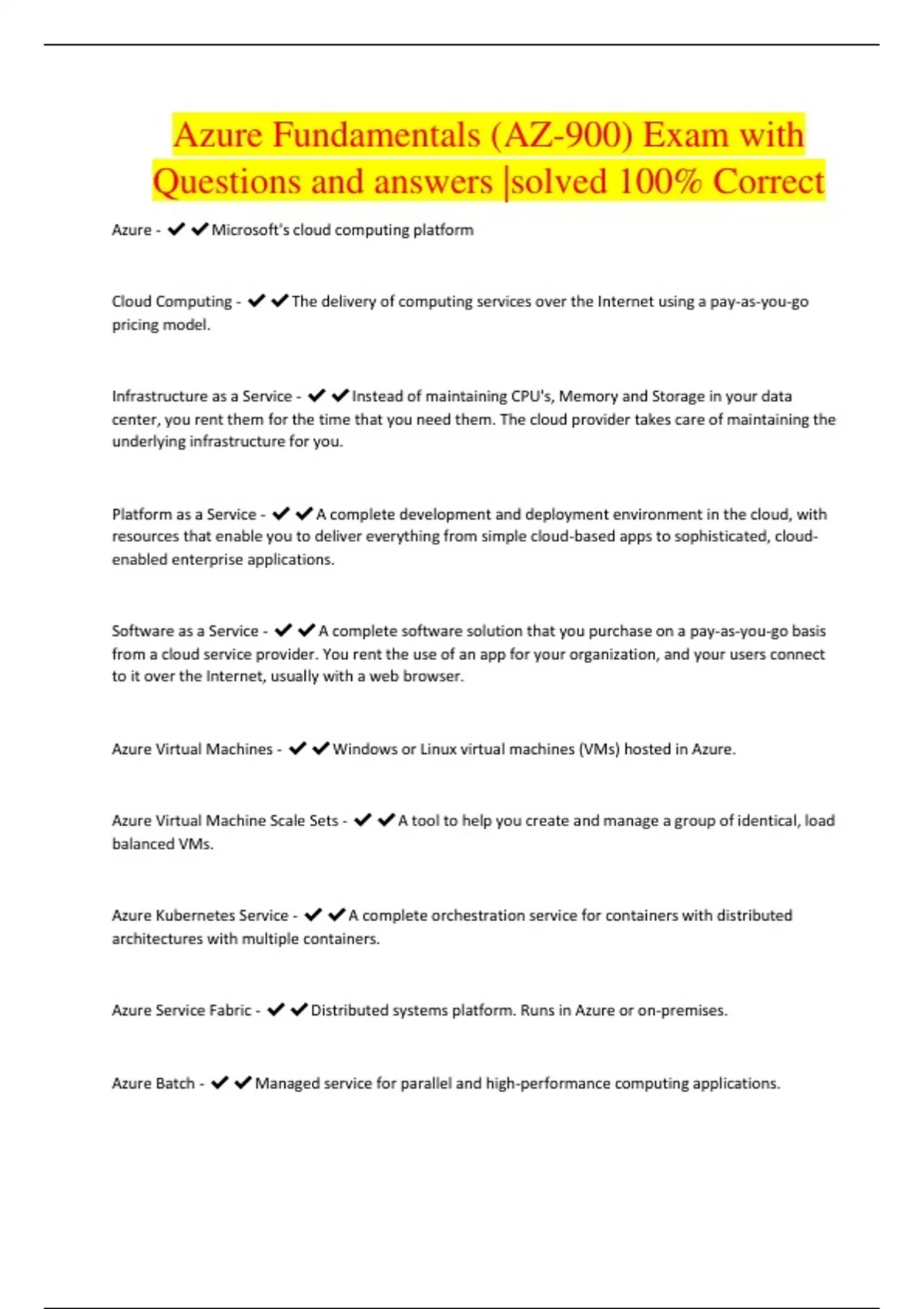 Azure Fundamentals (AZ-900) Exam with Questions and answers |solved 100 ...