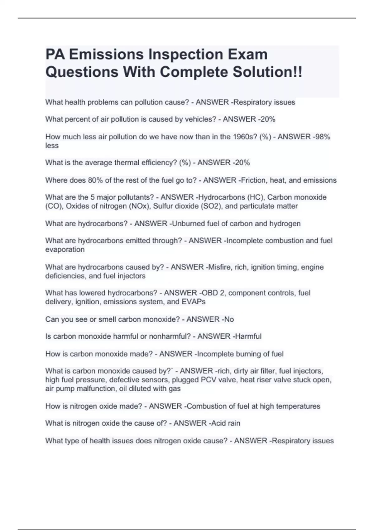 PA Emissions Inspection Exam Questions With Complete Solution!! - PA ...