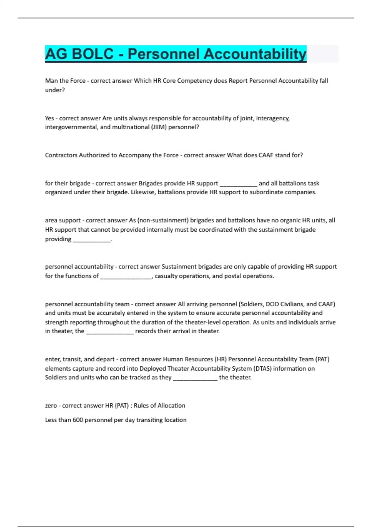AG BOLC - Personnel Accountability Questions and answers latest update ...