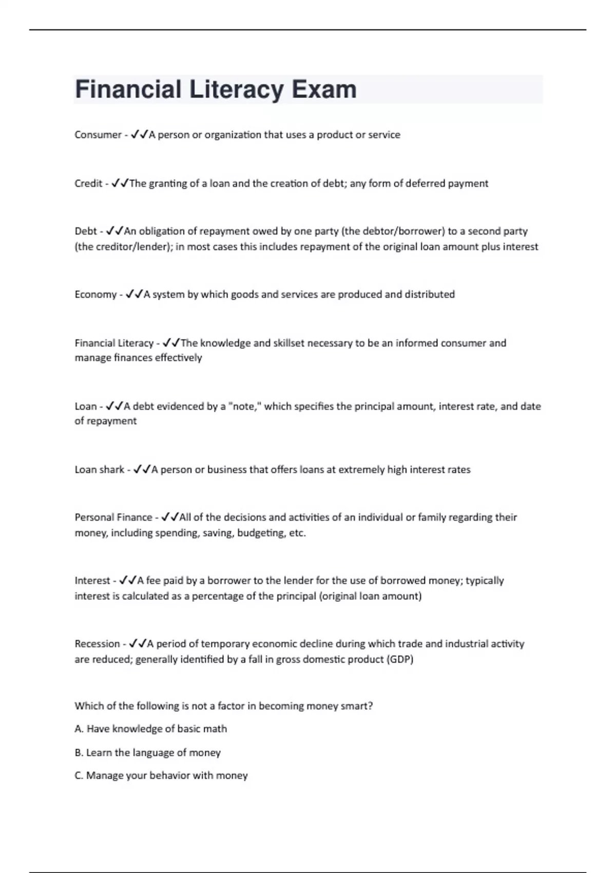 Financial Literacy Full Solution Pack 2024/2025 Solved 100% - Stuvia US