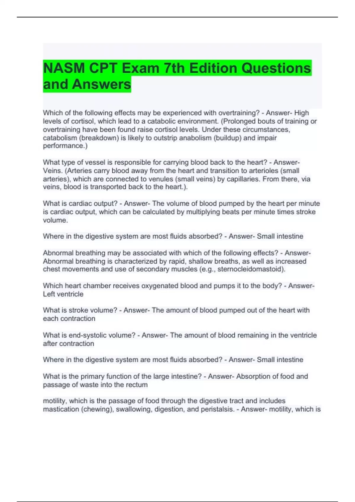 NASM CPT Exam 7th Edition Questions and Answers 2024 - NASM CPT - Stuvia US