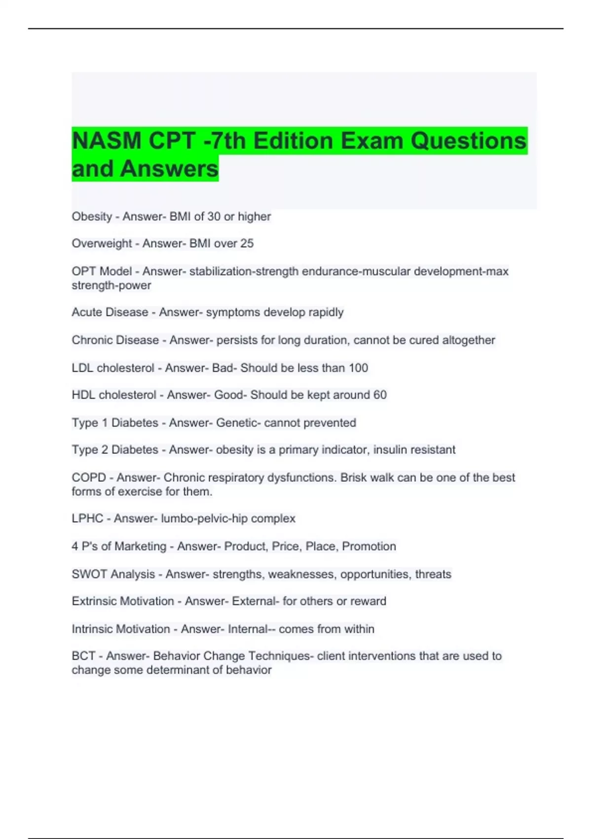 NASM CPT -7th Edition Exam Questions and Answers 100% correct - NASM CPT - Stuvia US