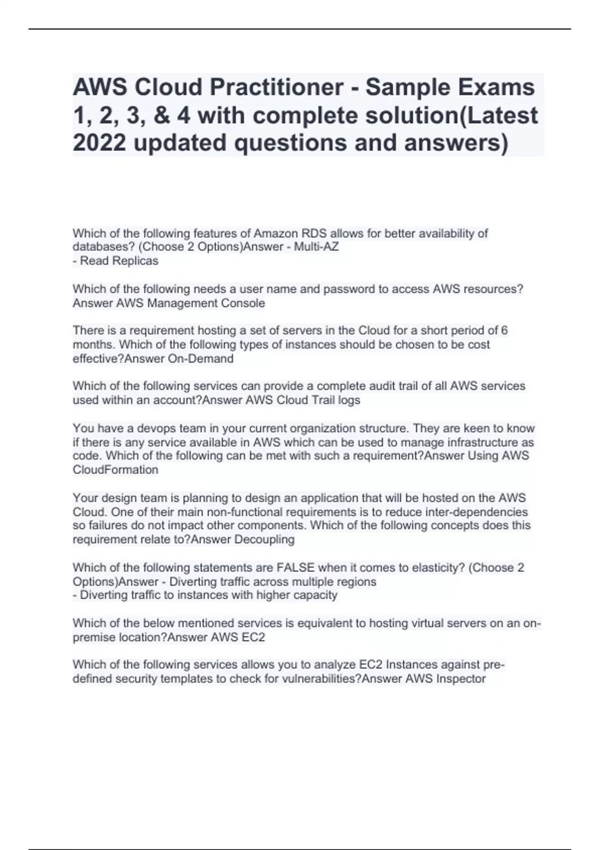 AWS Cloud Practitioner - Sample Exams 1, 2, 3, & 4 with complete ...