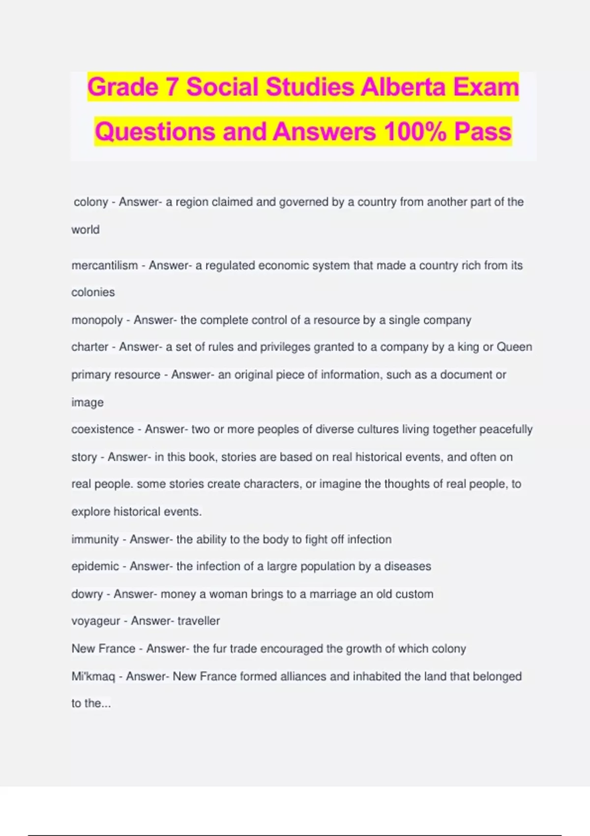 Grade 7 Social Studies Alberta Exam Questions and Answers 100% Pass ...