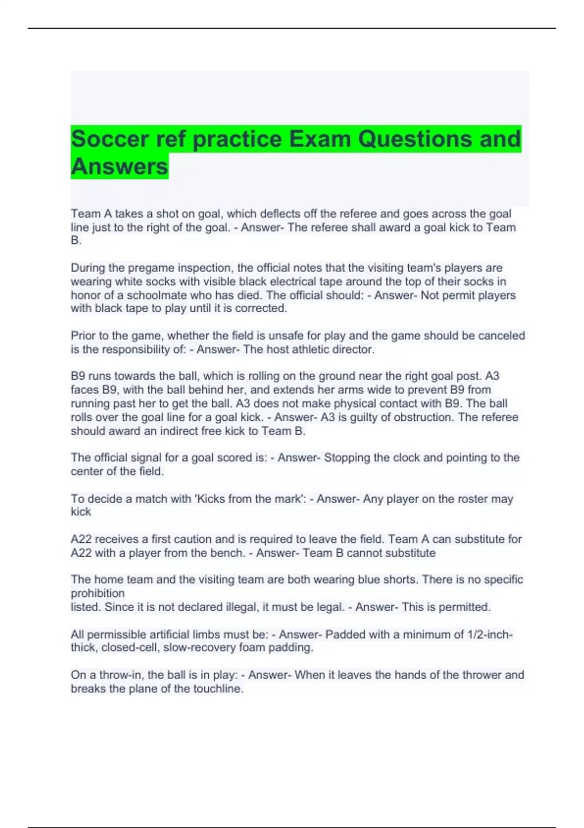 Soccer ref practice Exam Questions and Answers 2024 - Graded A - NFHS Soccer - Stuvia US