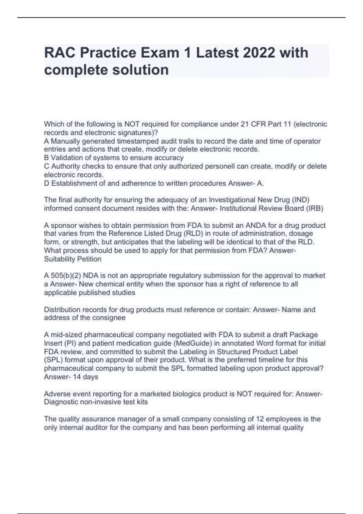 RAC Practice Exam 1 Latest 2024 with complete solution - Nursing ...