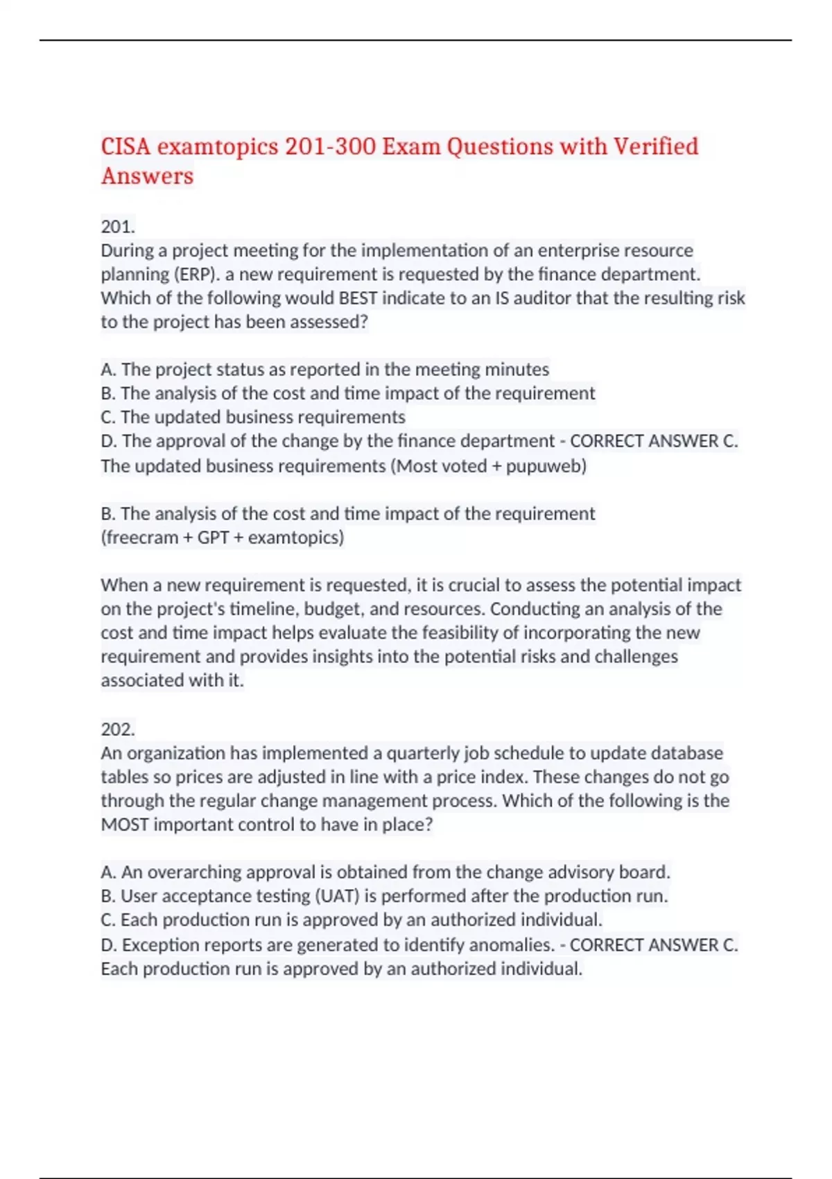 CISA examtopics 201-300 Exam Questions with Verified Answers,100% ...