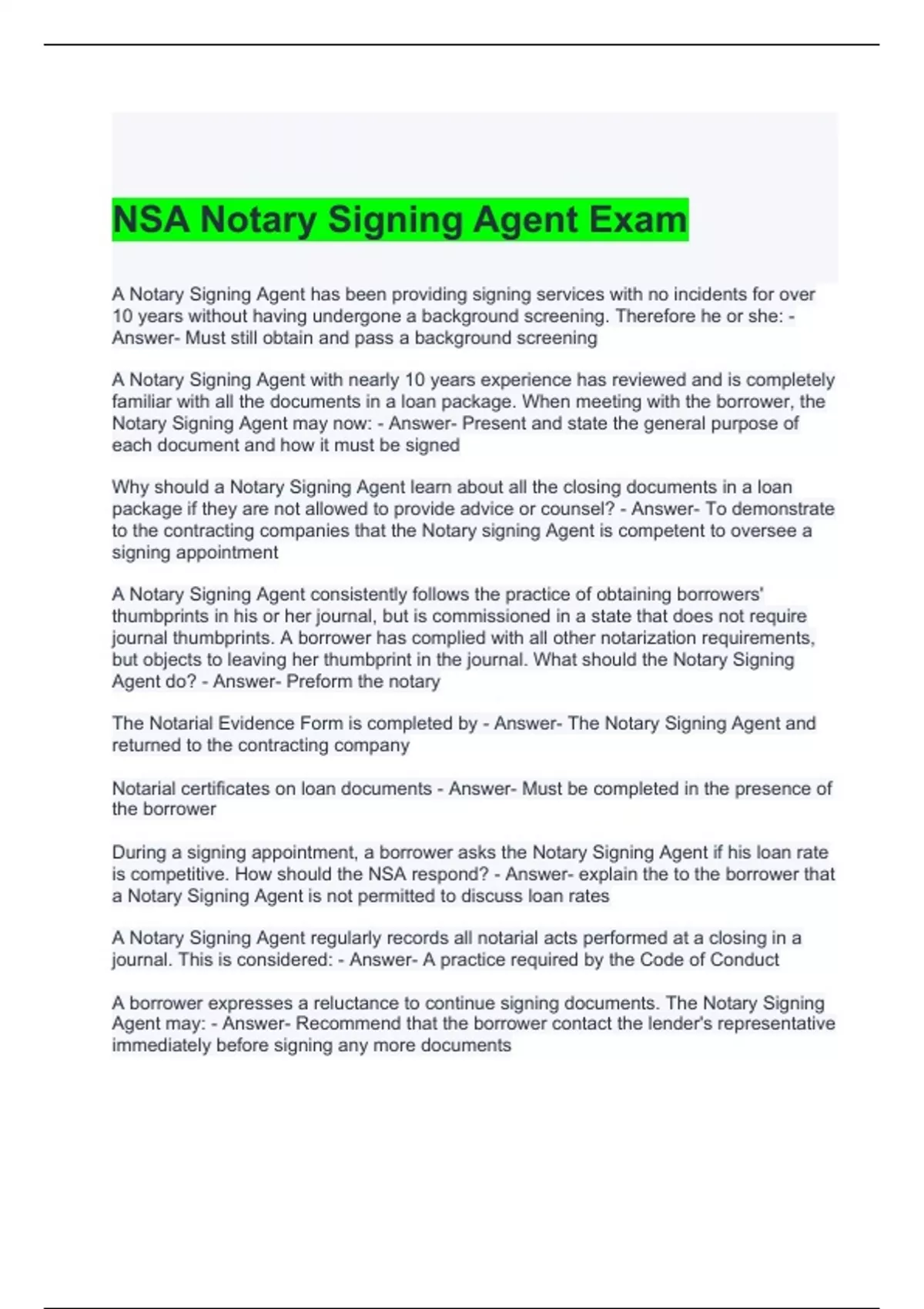 NSA Notary Signing Agent Exam 2024 Questions with correct Answers ...