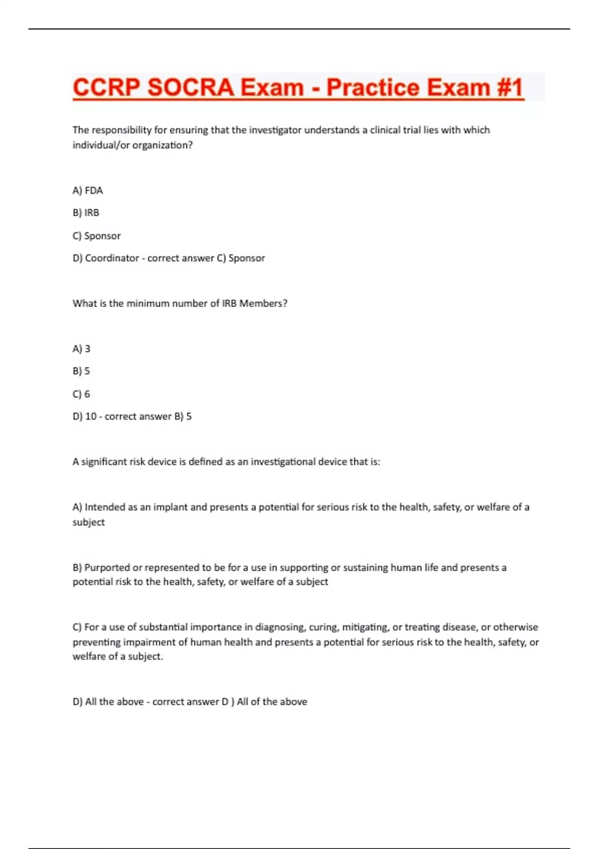 CCRP SOCRA Exam - Practice Exam #1 Questions and answers latest update ...