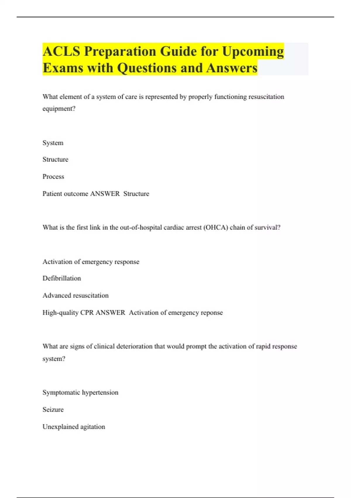 ACLS Preparation Guide for Upcoming Exams with Questions and Answers ...
