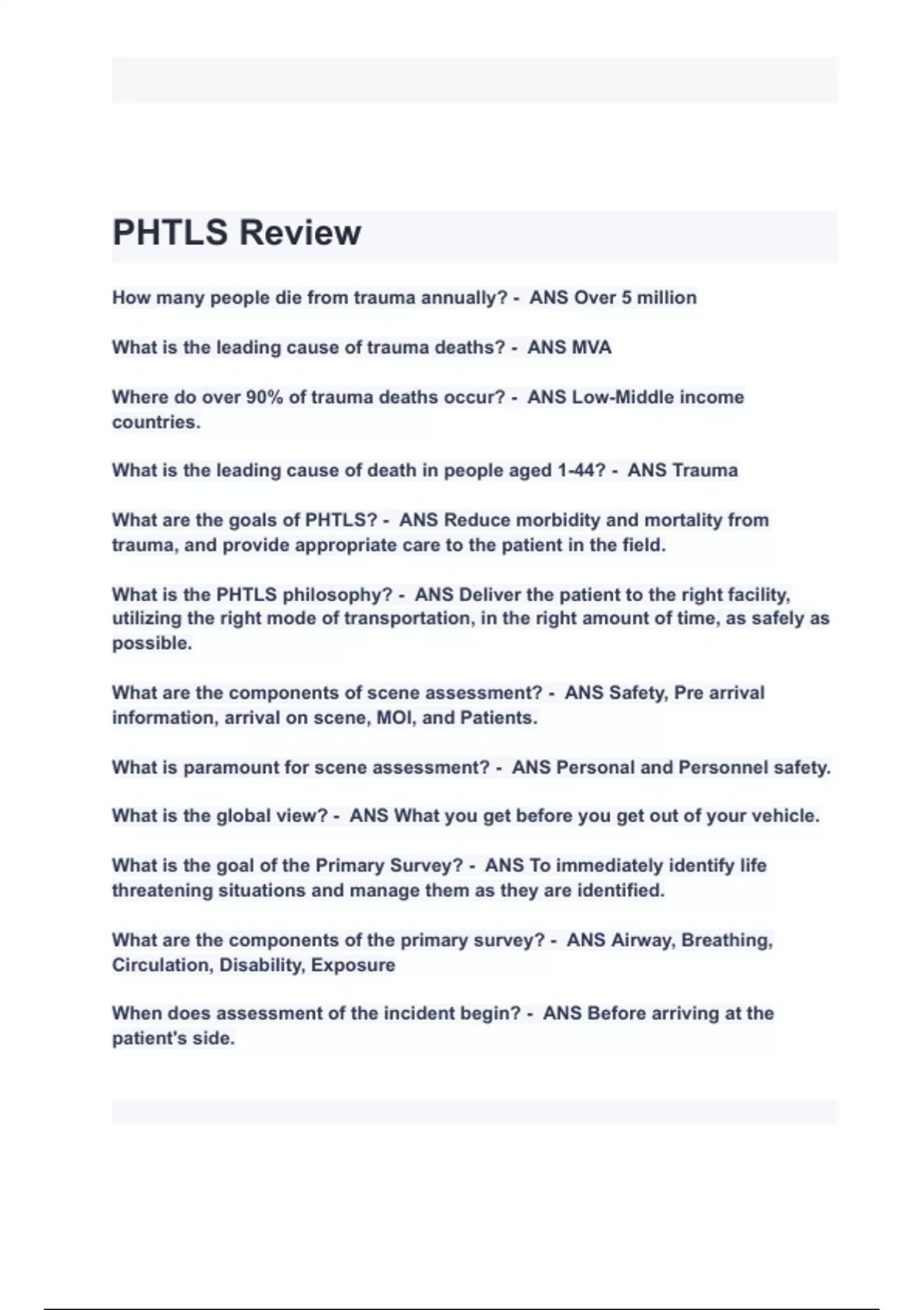 PHTLS Review Questions with correct Answers Latest 2024/2025( A+ GRADED ...