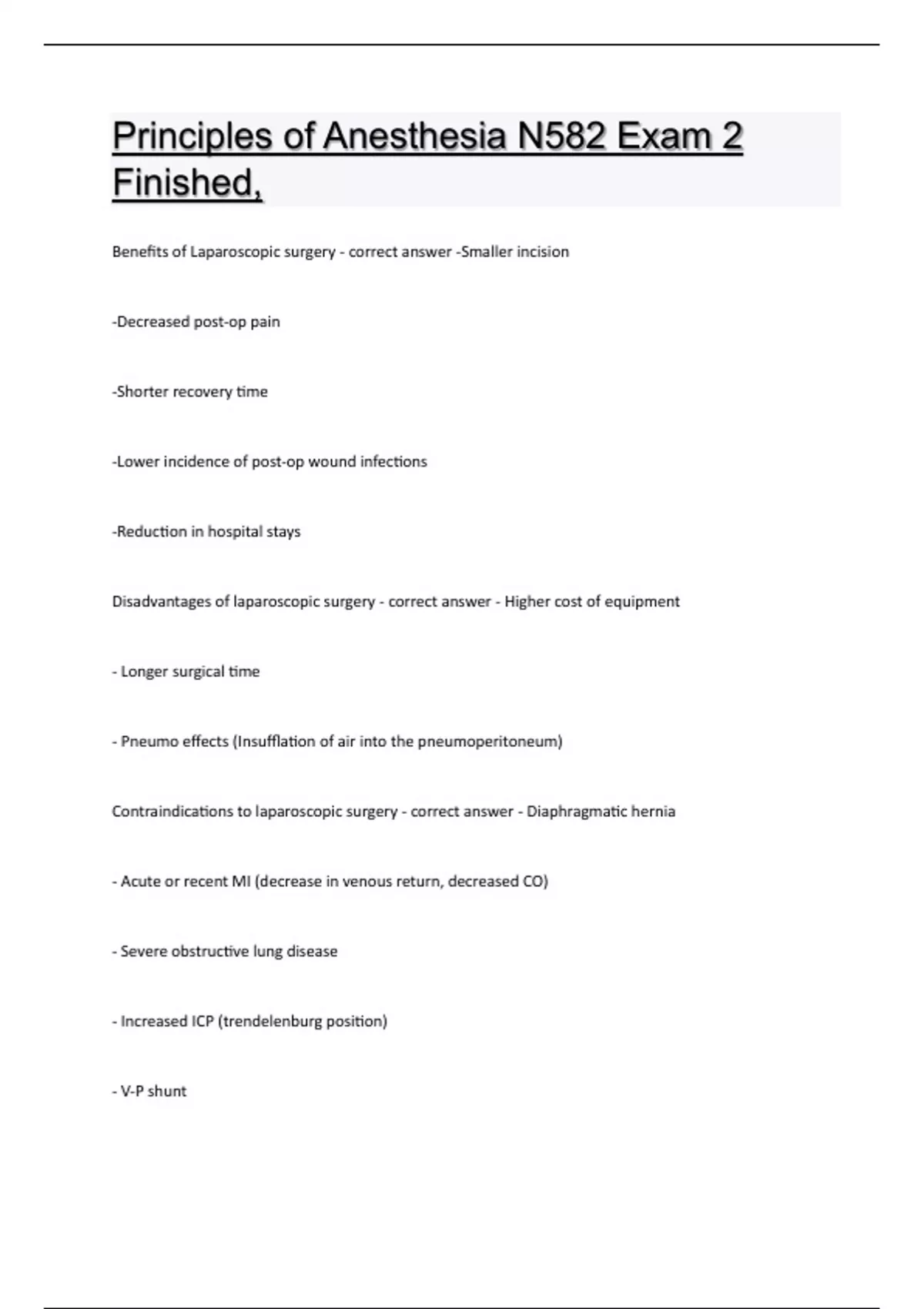 Principles of Anesthesia N582 Exam 2 Finished Questions and answers ...