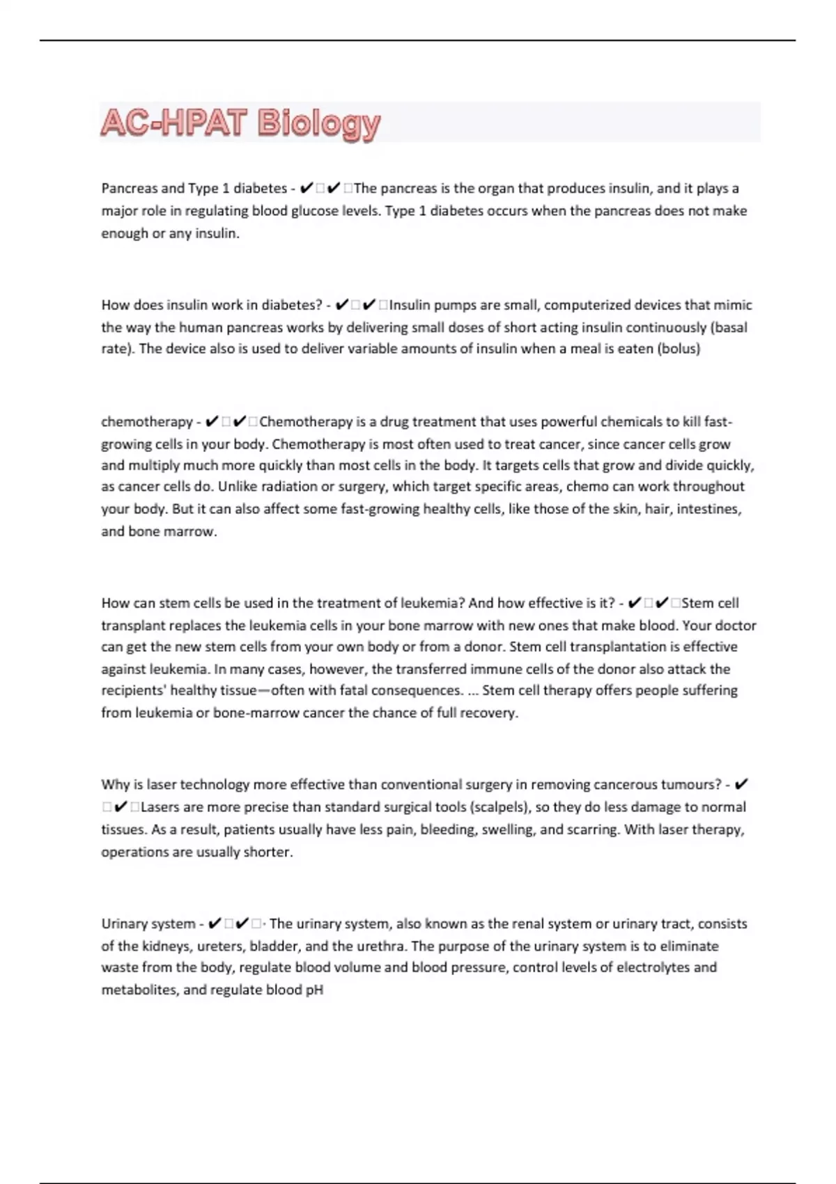 AC-HPAT Biology|126 Exam Questions with 100% Correct Answers | Updated ...