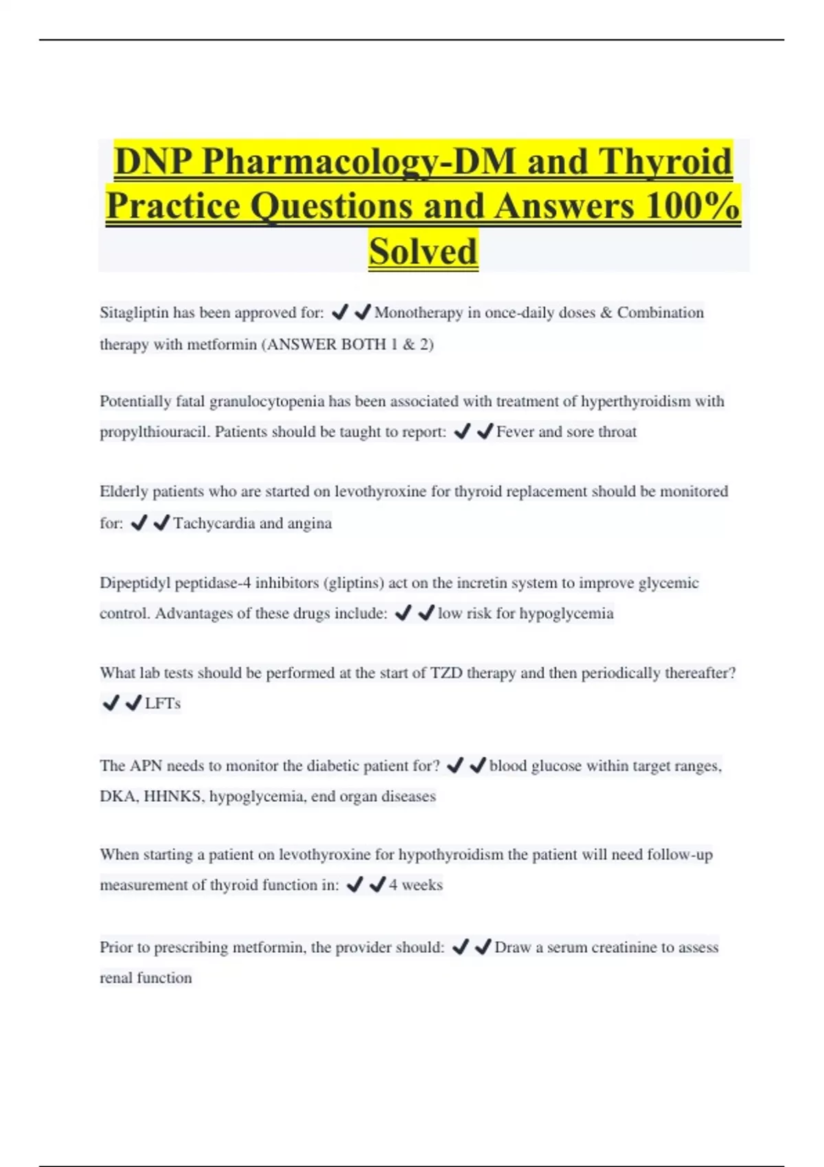 DNP Pharmacology-DM and Thyroid Practice Questions and Answers 100% Solved - DNP Pharmacology ...