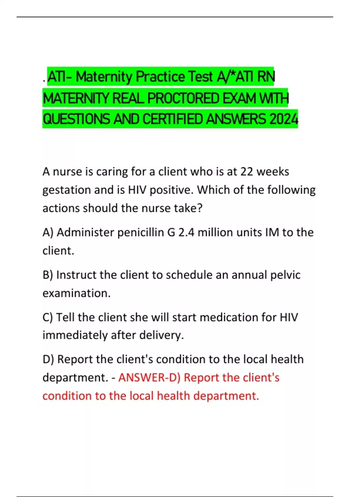 ATI- Maternity Practice Test A/*ATI RN MATERNITY REAL PROCTORED EXAM ...