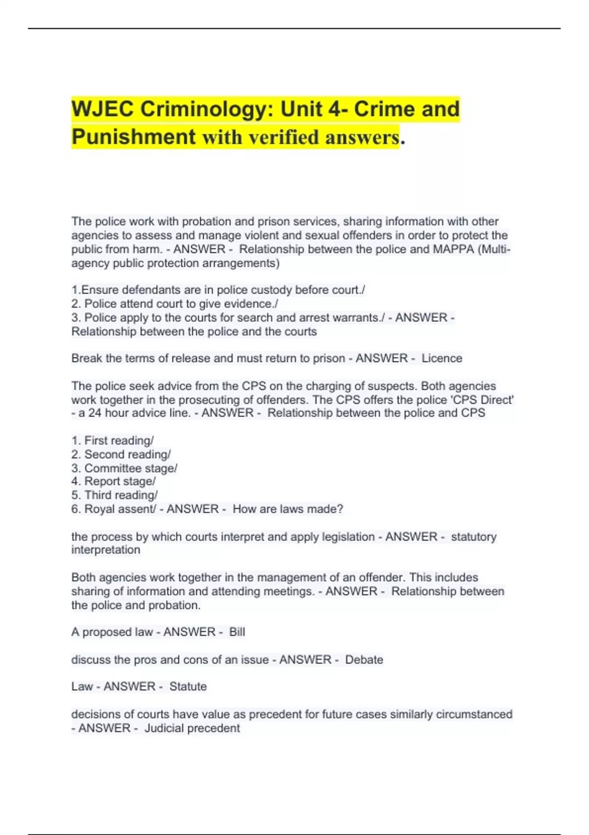 WJEC Criminology: Unit 4- Crime and Punishment with verified answers ...