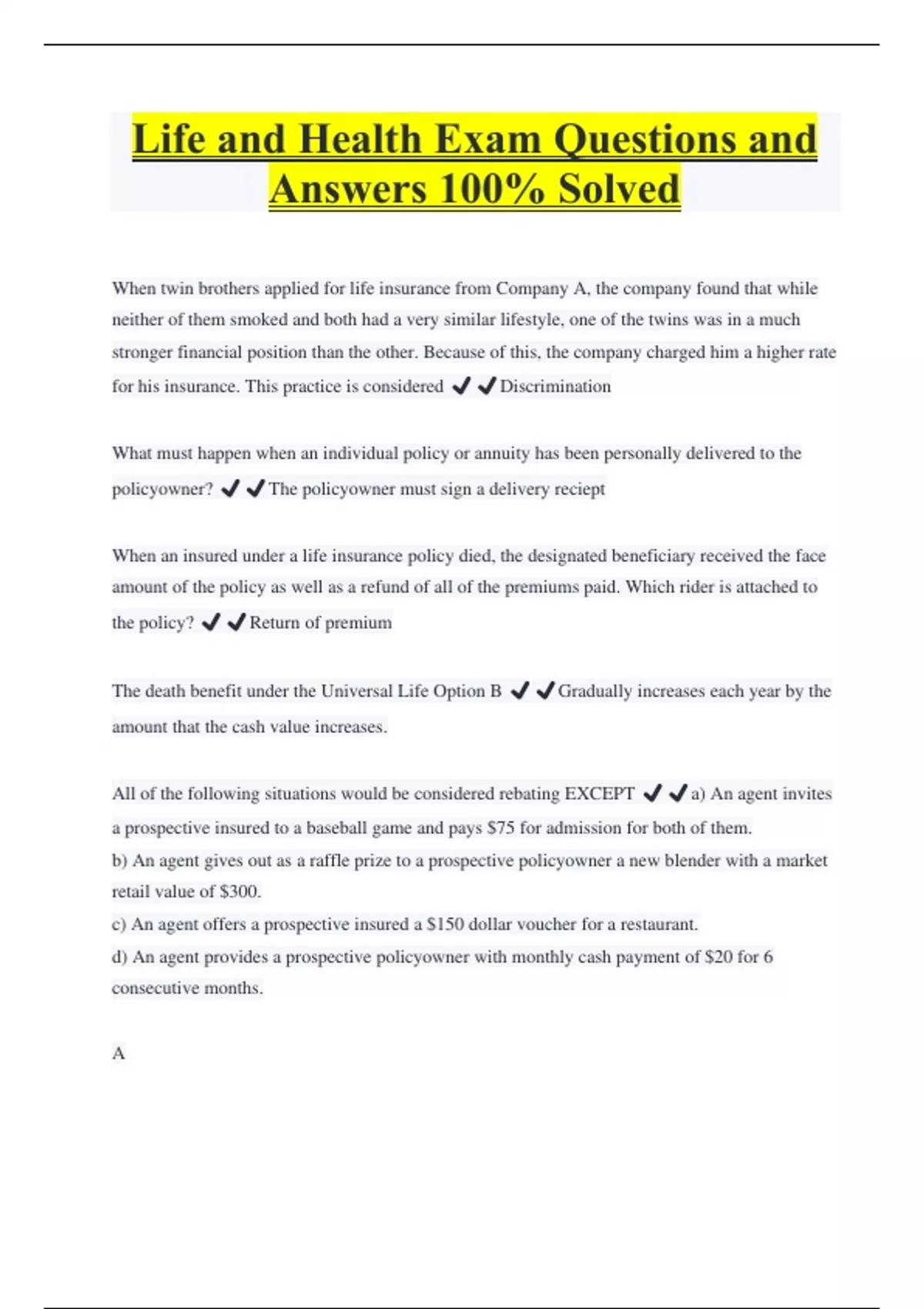 Life and Health Exam Questions and Answers 100% Solved - Life and ...