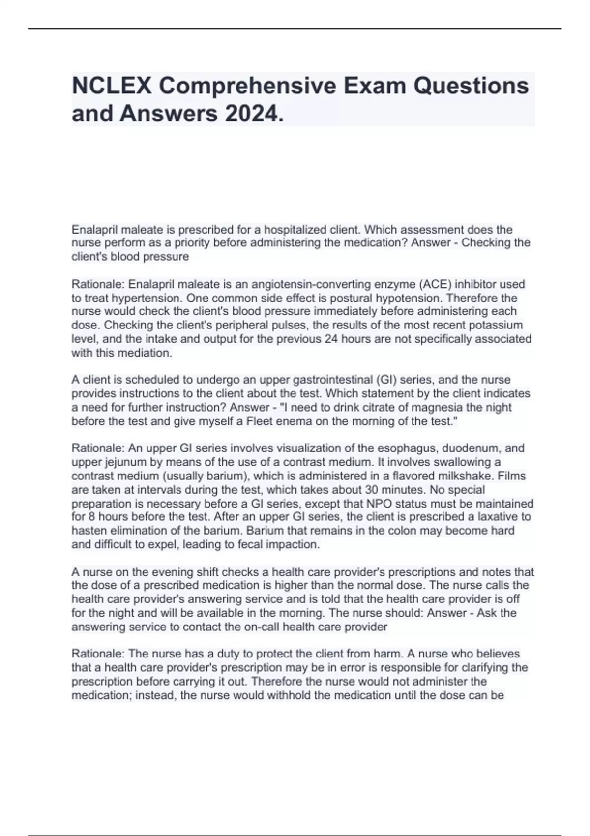 NCLEX Comprehensive Exam Questions and Answers 2024 - COMPREHENSIVE ...