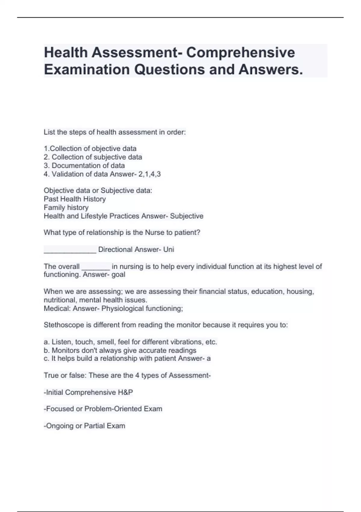 Health Assessment- Comprehensive Examination Questions and Answers ...