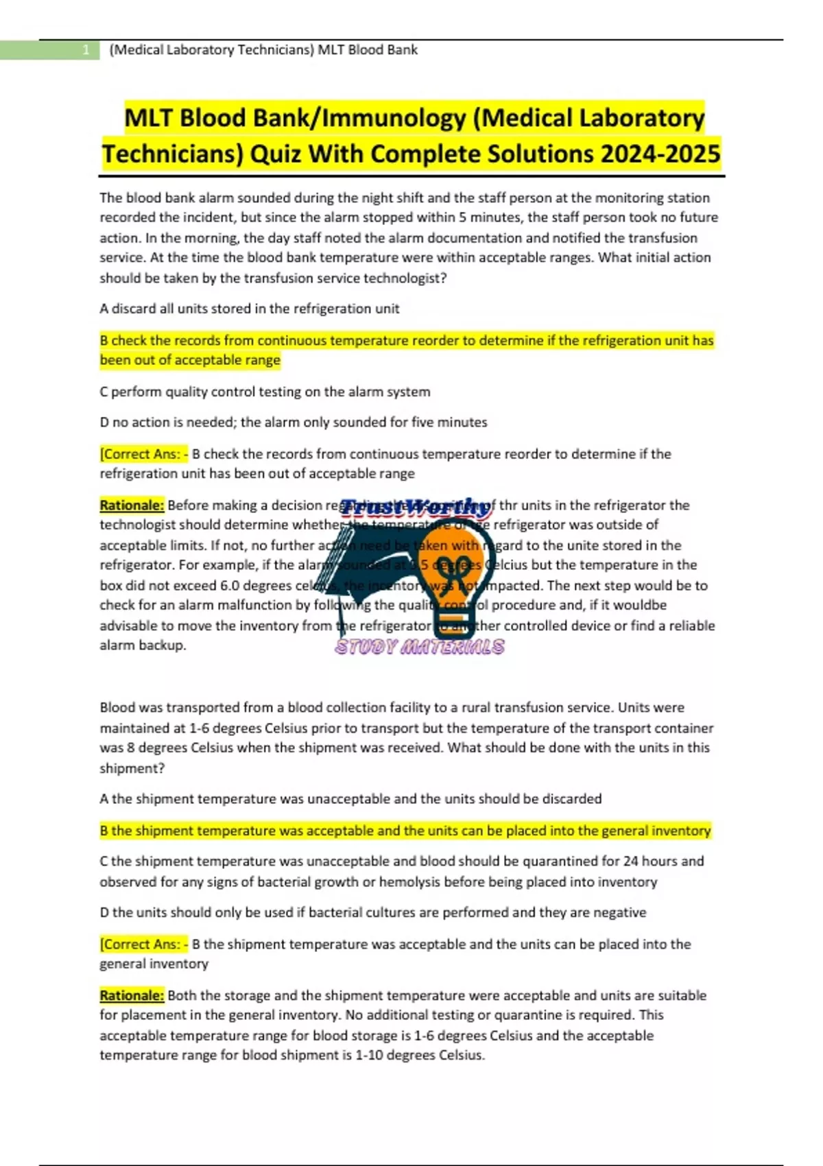 MLT Blood Bank/Immunology (Medical Laboratory Technicians) Quiz With ...