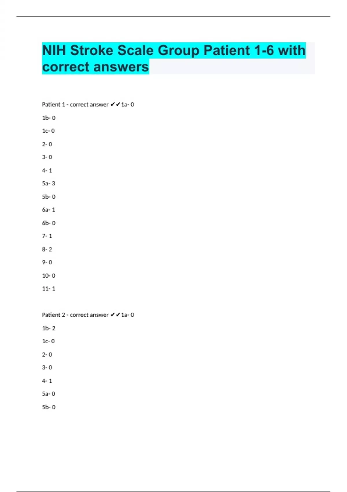 NIH Stroke Scale Group Patient 1-6 with correct answers - NIH Stroke ...