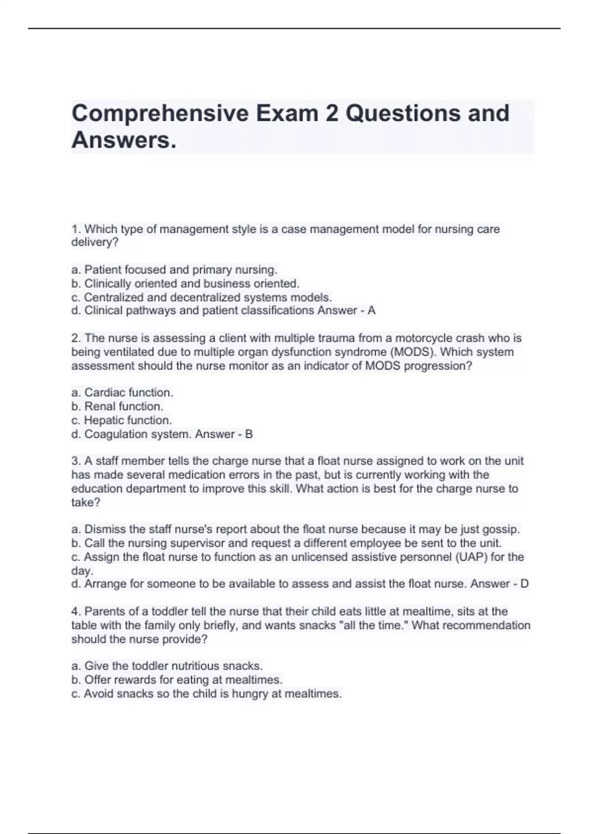 Comprehensive Exam 2 Questions and Answers - COMPREHENSIVE NURSING ...