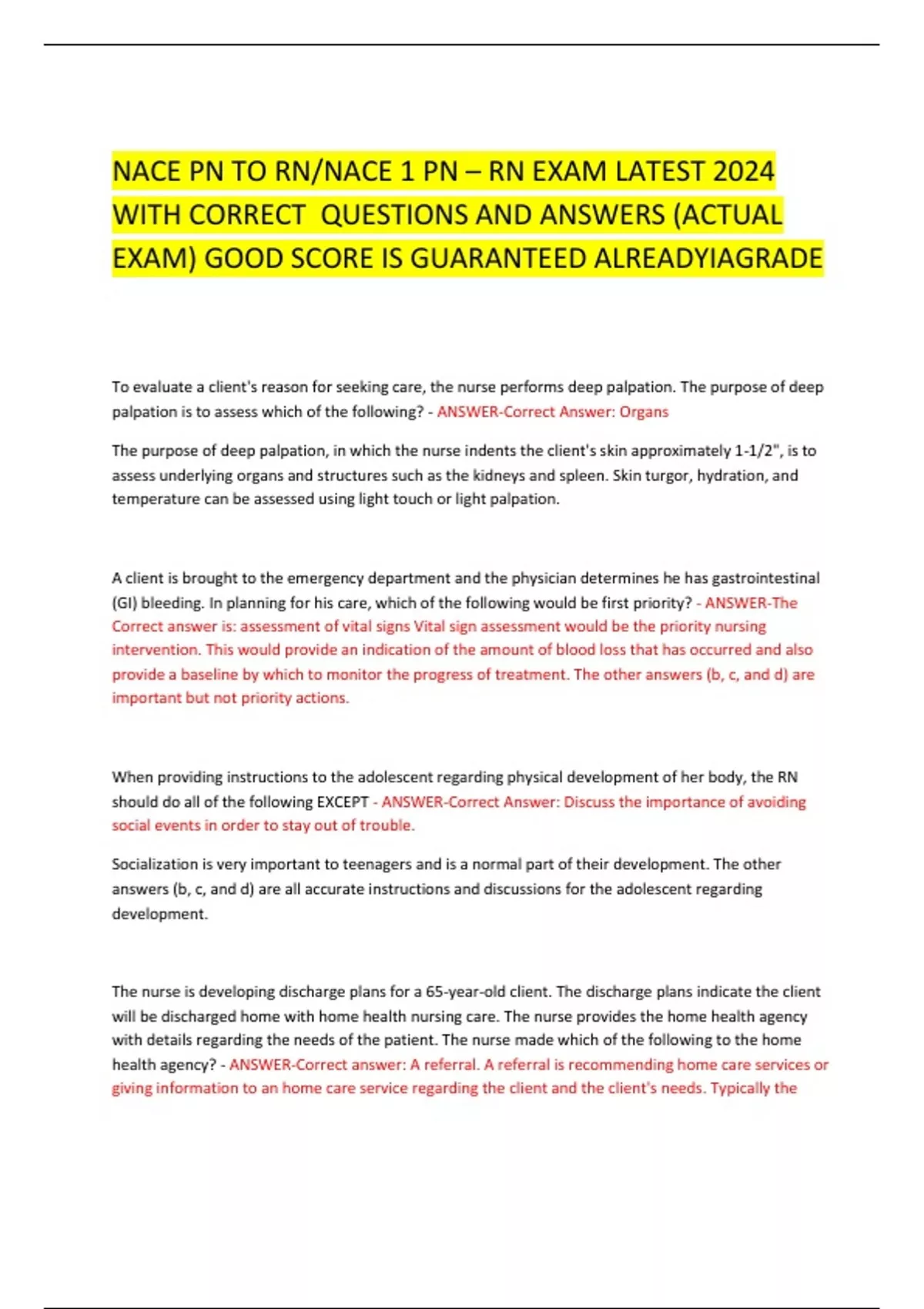 NACE PN TO RN/NACE 1 PN – RN EXAM LATEST 2024 WITH CORRECT QUESTIONS ...