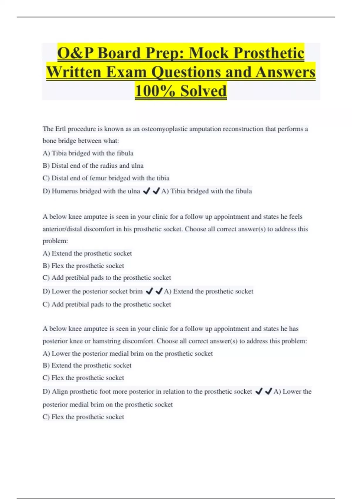 O&P Board Prep: Mock Prosthetic Written Exam Questions and Answers 100% ...