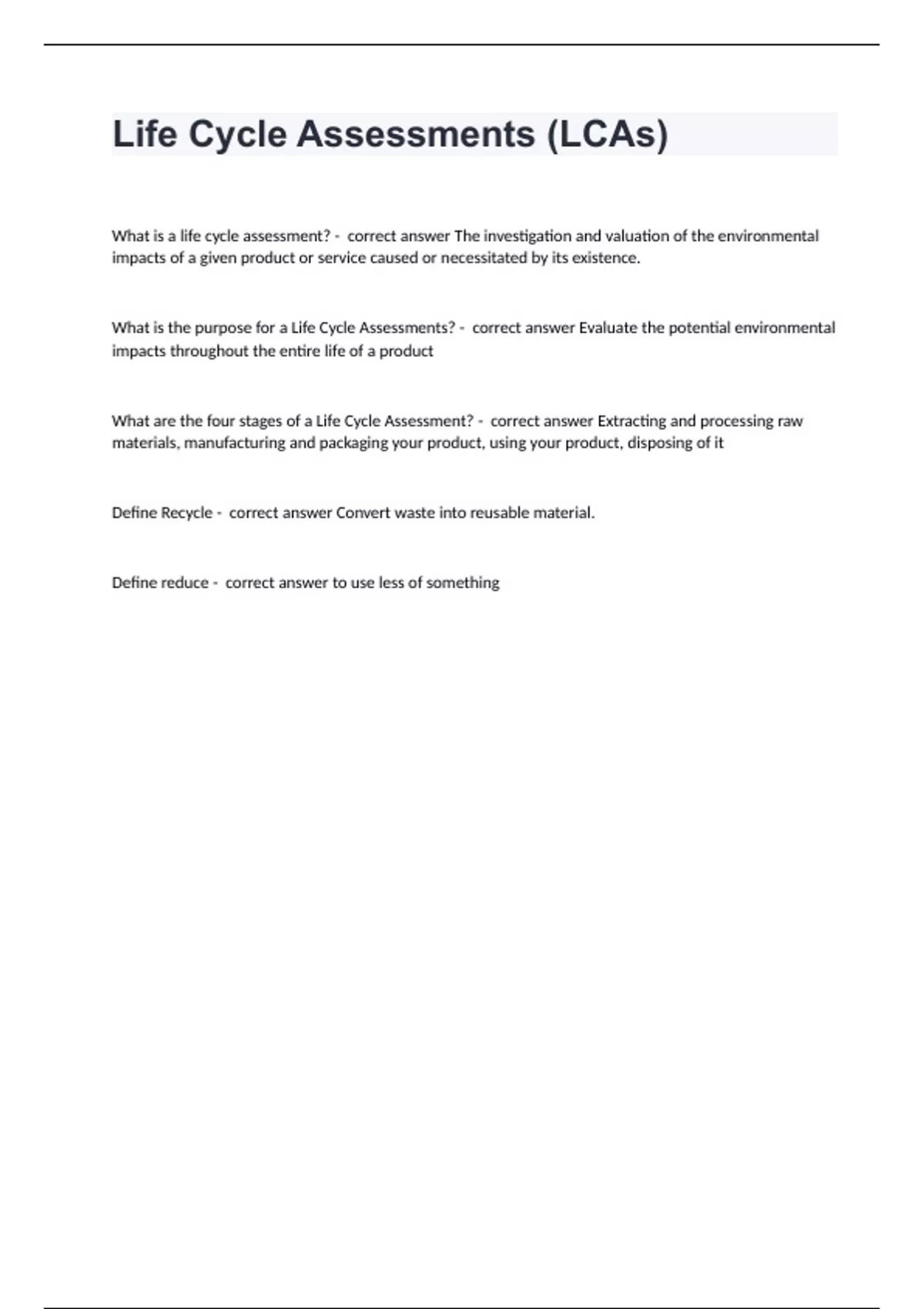 Life Cycle Assessments (LCAs) questions answered - LCAS - Stuvia US