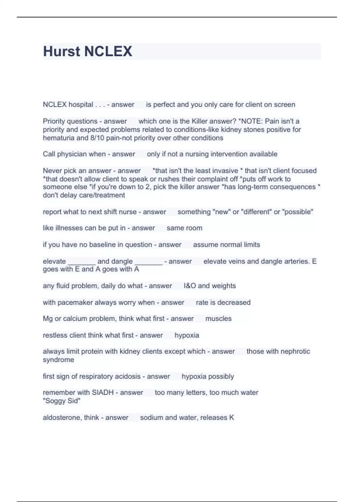 Hurst NCLEX Questions and Answers 2024 - HURST - Stuvia US