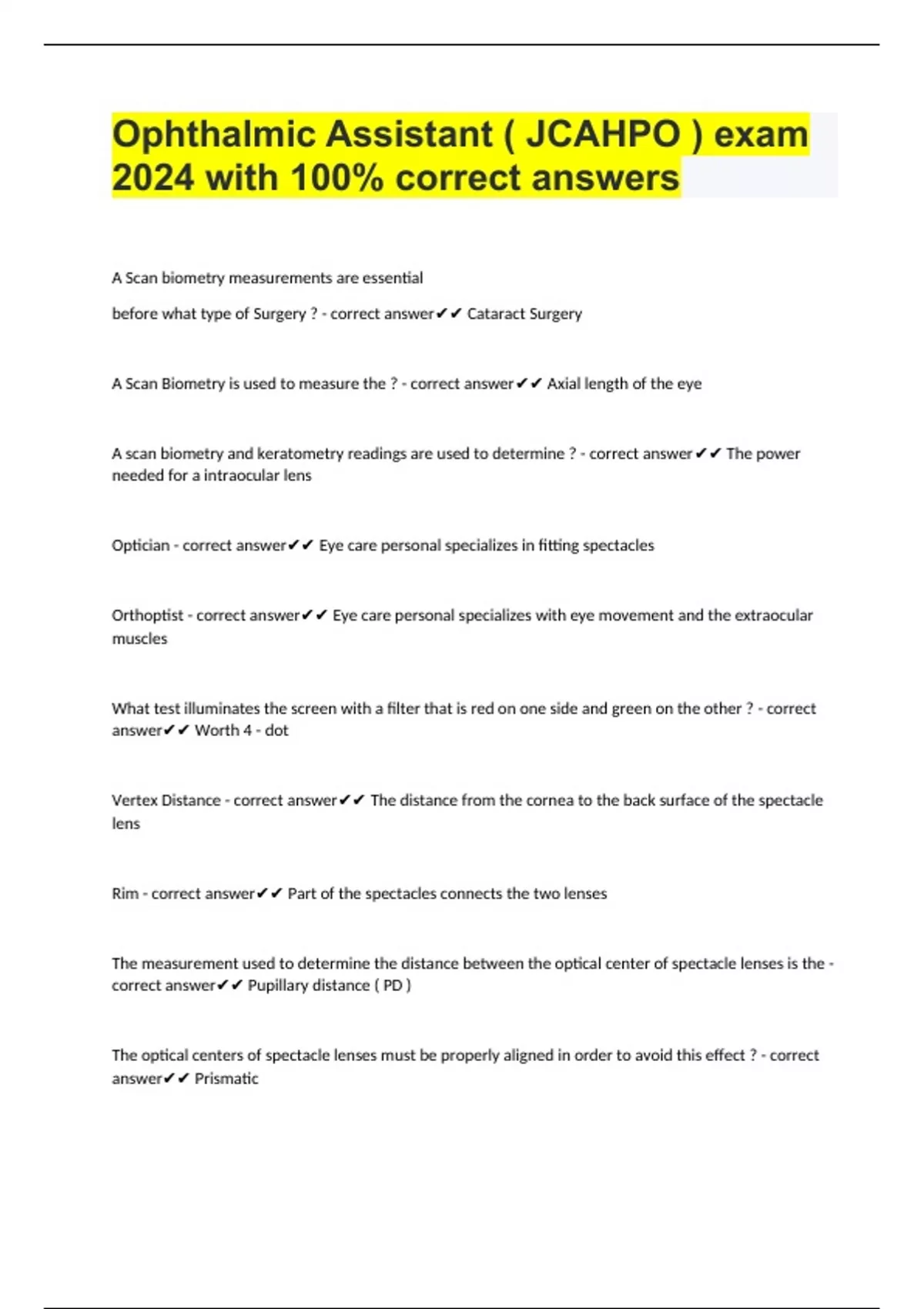 Ophthalmic Assistant ( JCAHPO ) exam 2024 with 100% correct answers ...