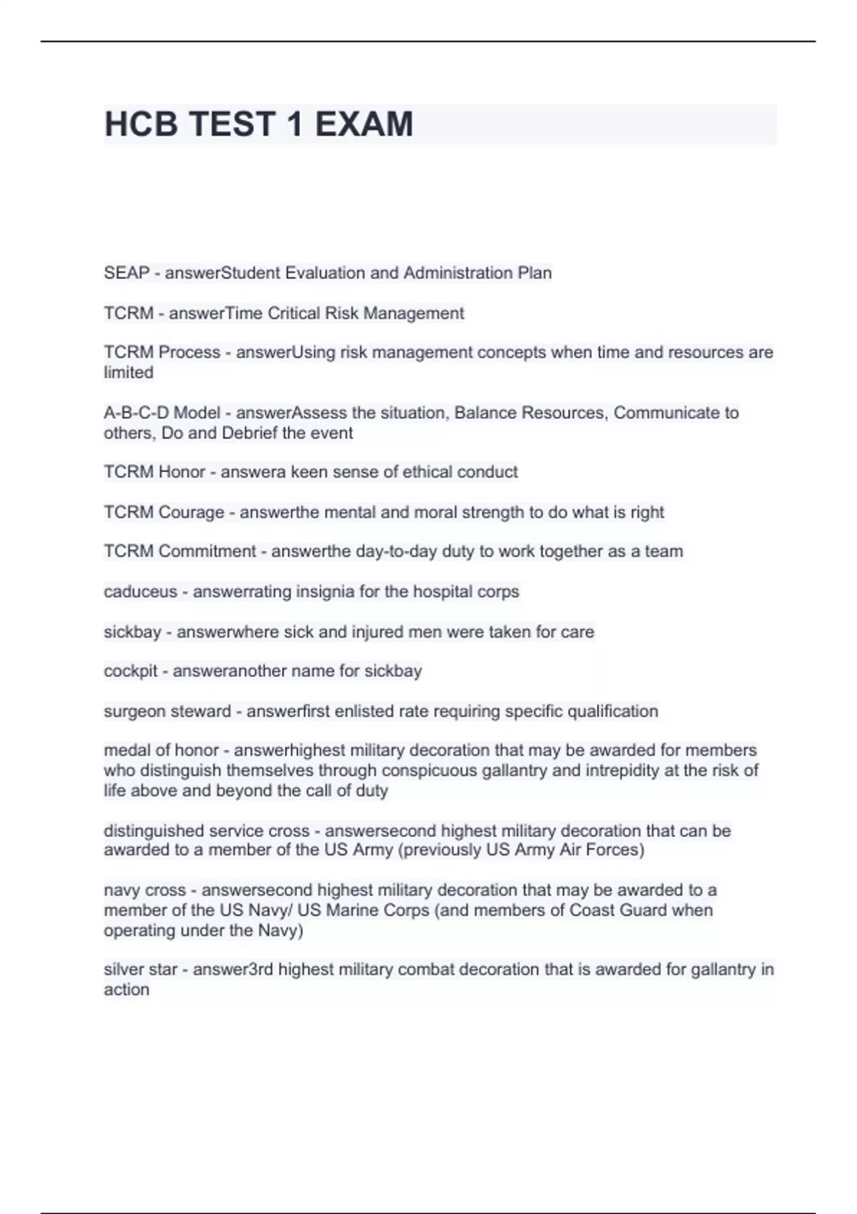 HCB TEST 1 EXAM Questions with correct Answers 2024 - Hcb - Stuvia US