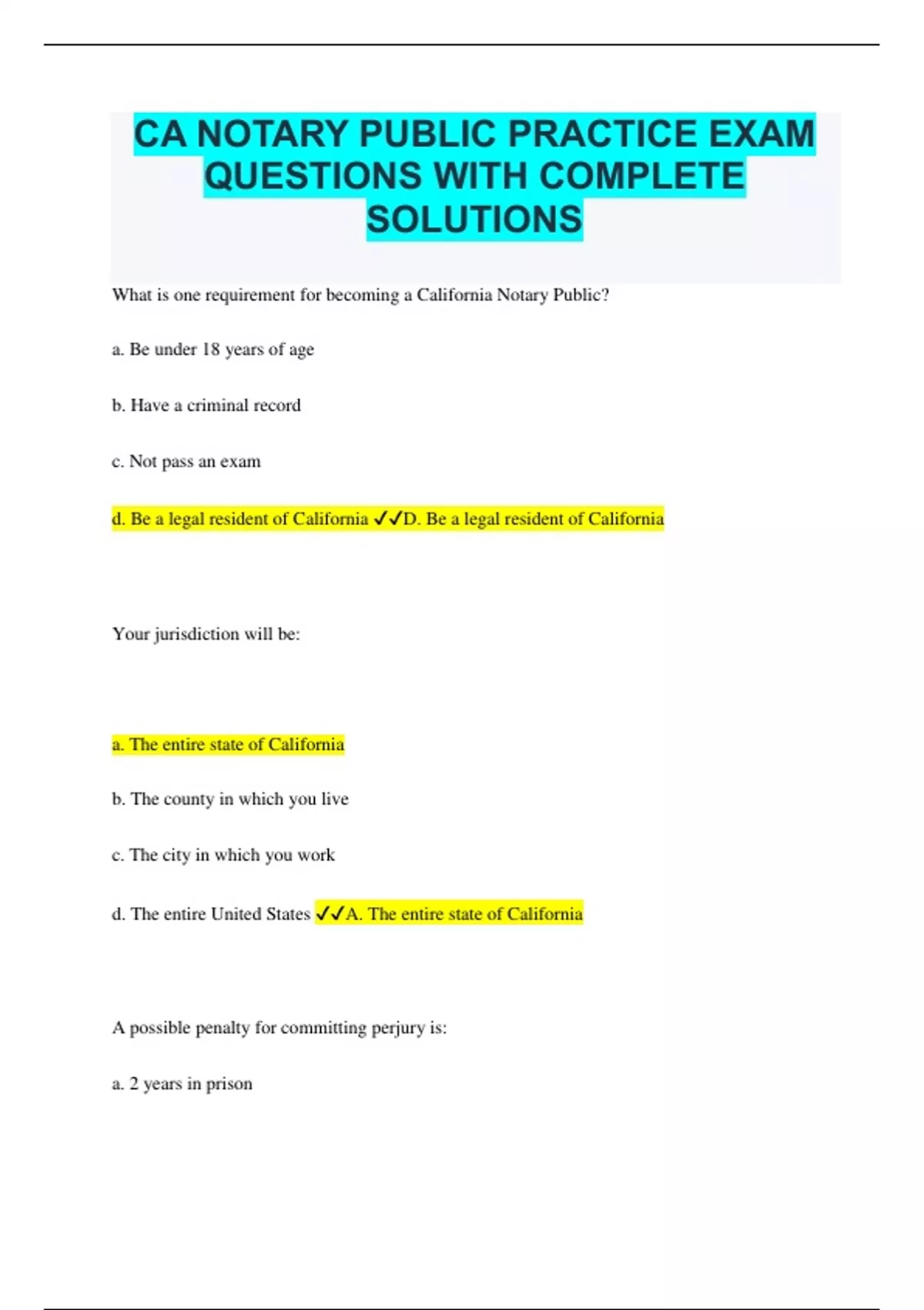 CA NOTARY PUBLIC PRACTICE EXAM QUESTIONS WITH COMPLETE SOLUTIONS - CA ...