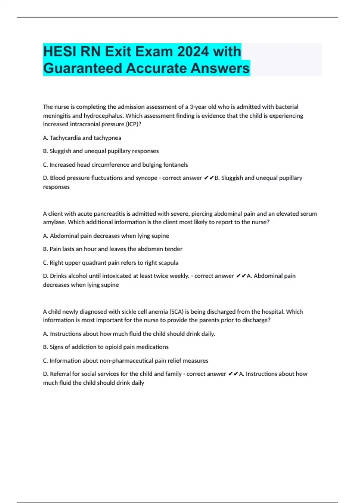 HESI RN Exit Exam 2024 with Guaranteed Accurate Answers - HESI RN Exit ...