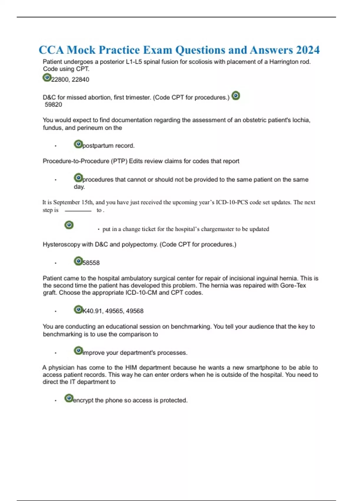 CCA Mock Practice Exam Questions and Answers 2024 - Advance nursing ...