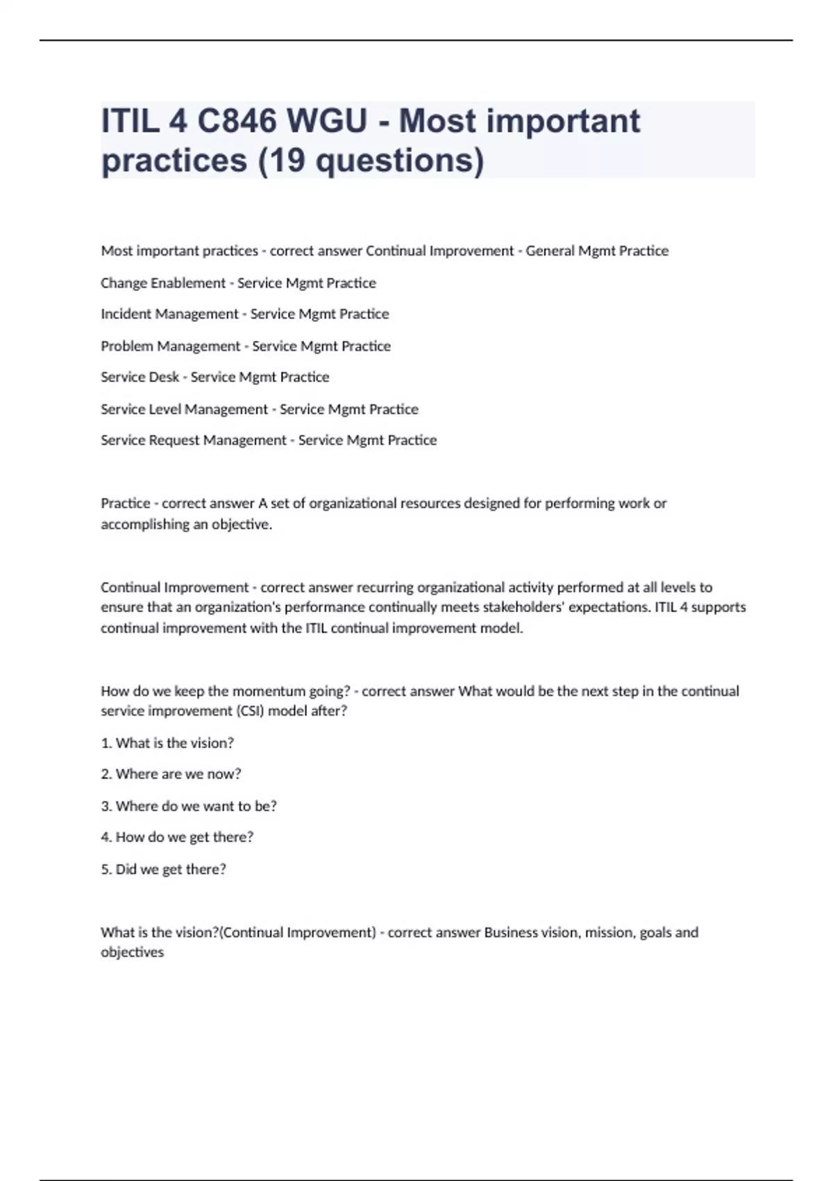 ITIL 4 C846 WGU - Most important practices (19 questions) With Complete ...