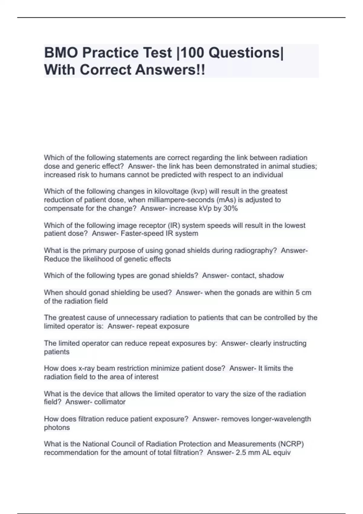 BMO Practice Test 100 Questions With Correct Answers!! - Bxmo - Stuvia US