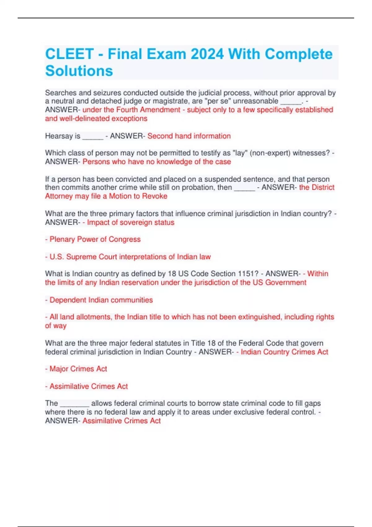 CLEET - Final Exam 2024 With Complete Solutions - CLEET - Stuvia US