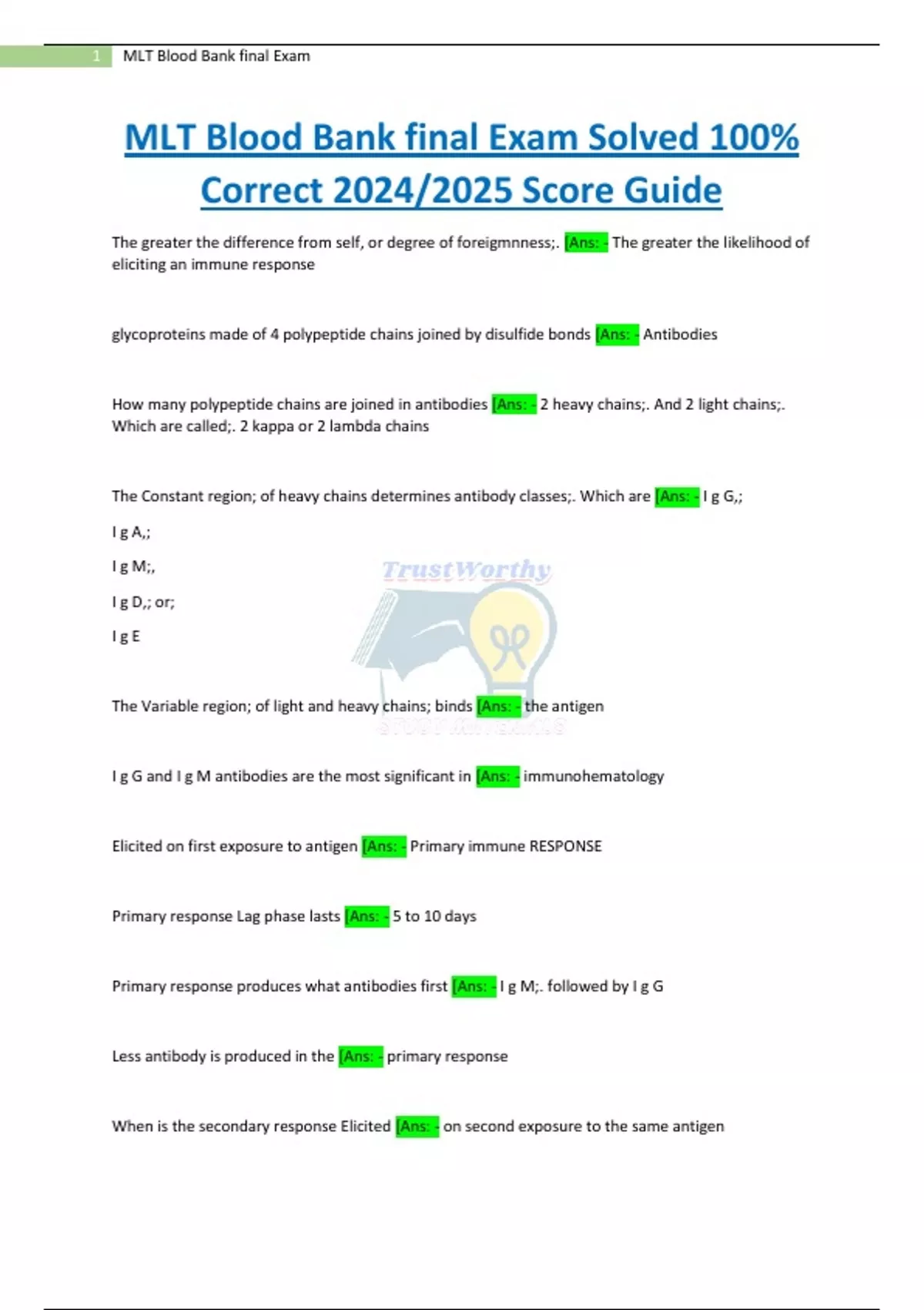 MLT Blood Bank final Exam Solved 100% Correct 2024/2025 Score Guide ...
