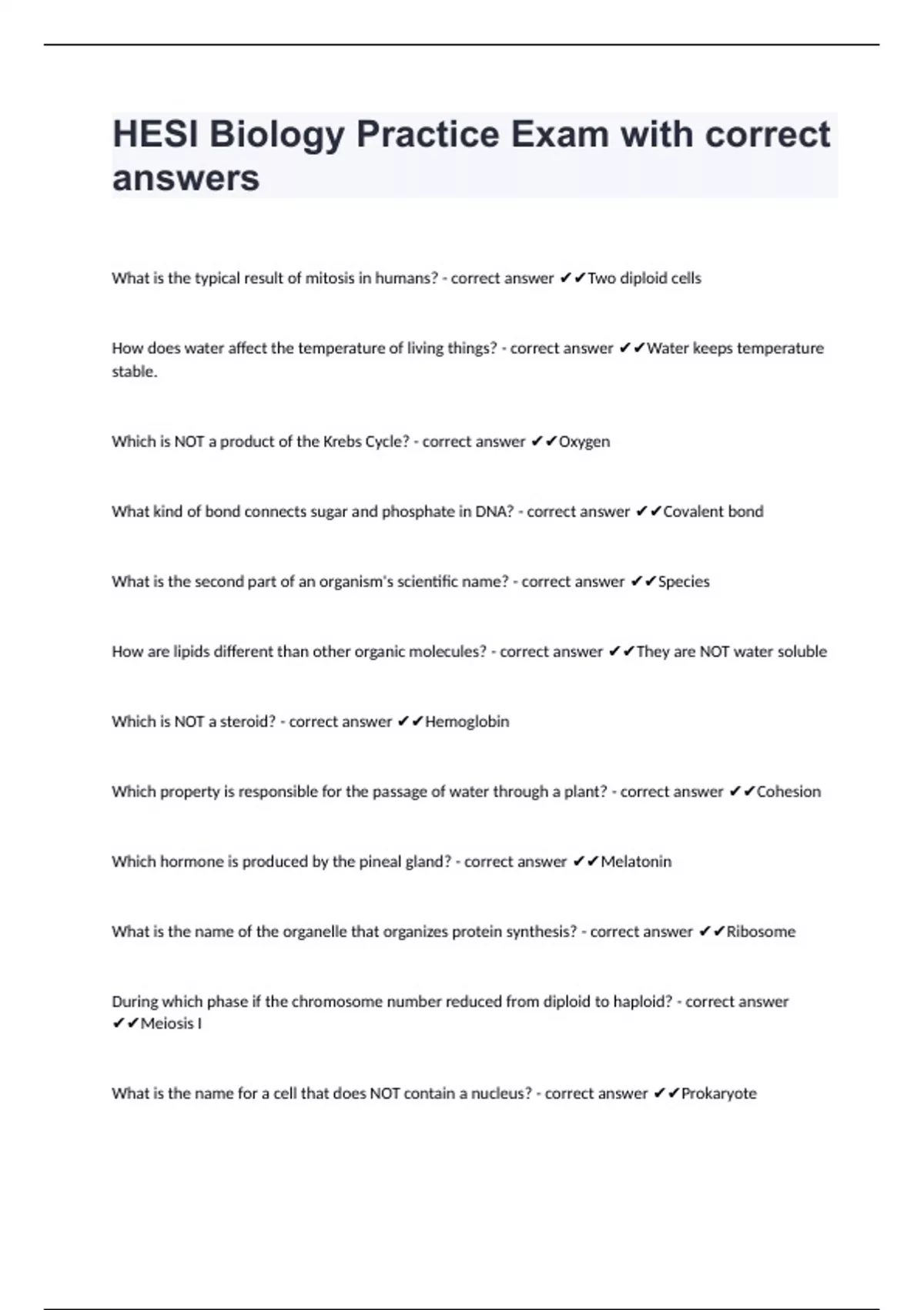 HESI Biology Practice Exam with correct answers - HESI Biolog - Stuvia US