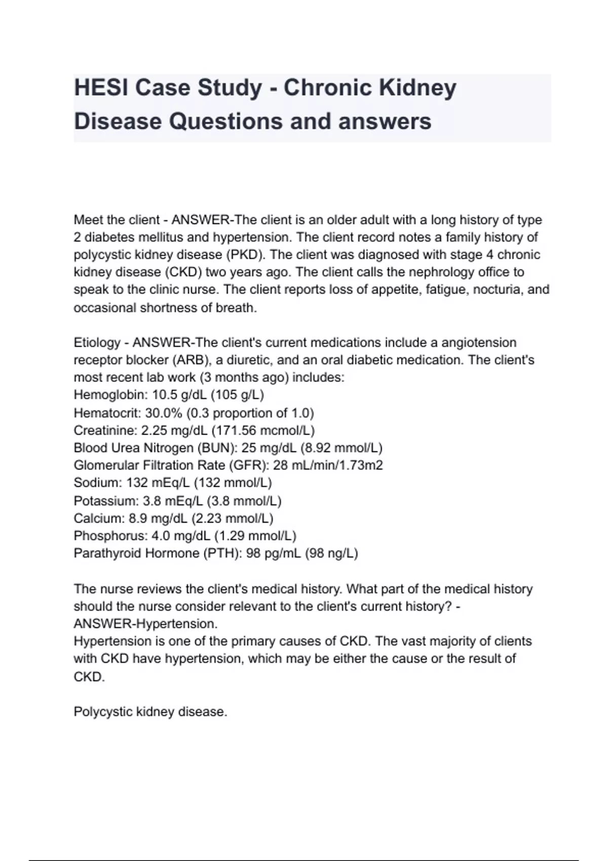 HESI Case Study - Chronic Kidney Disease Questions and answers - HESI ...