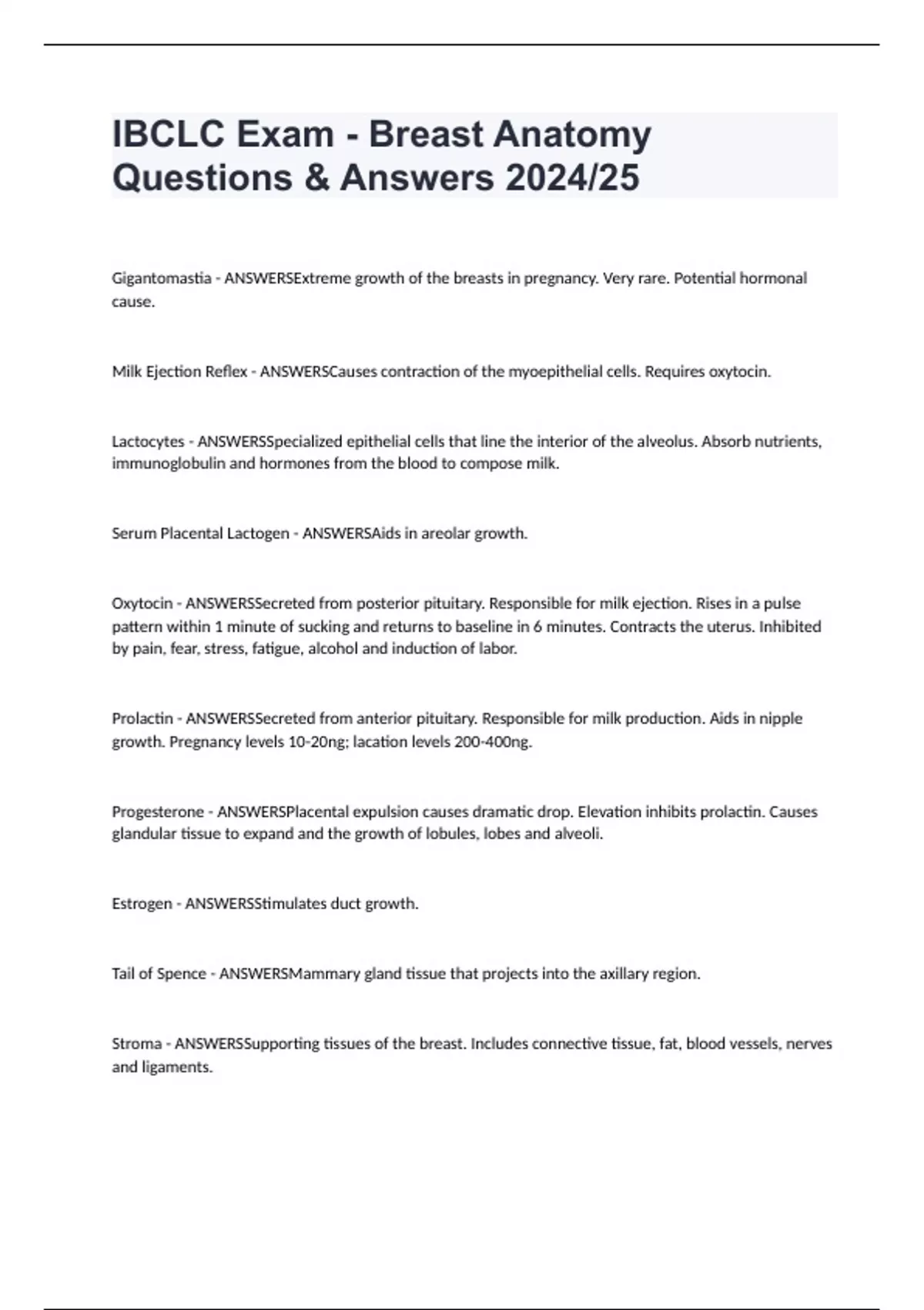 IBCLC Exam - Breast Anatomy Questions & Answers 2024/25 - IBCLC - Stuvia US