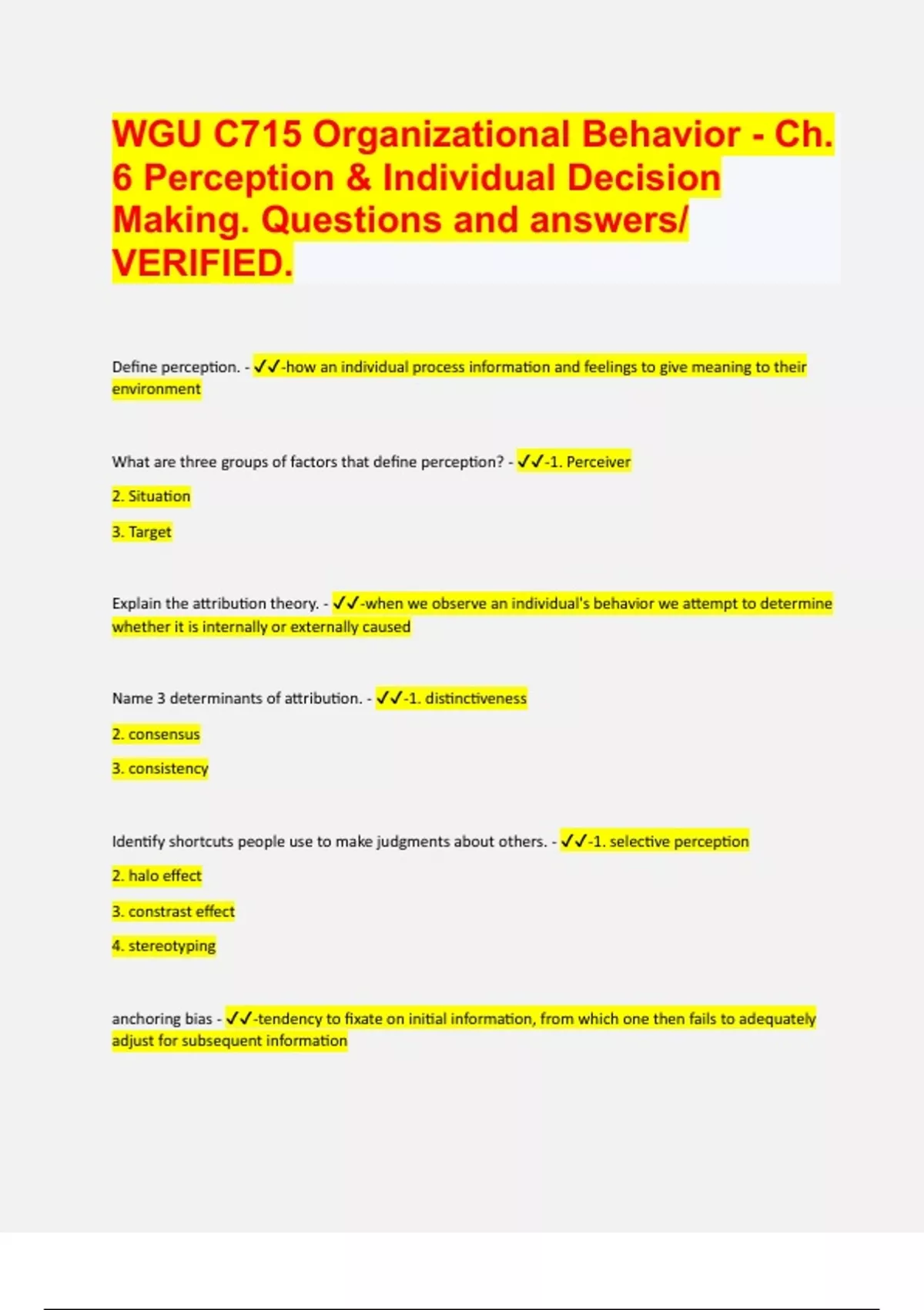 WGU C715 Organizational Behavior - Ch. 6 Perception & Individual ...